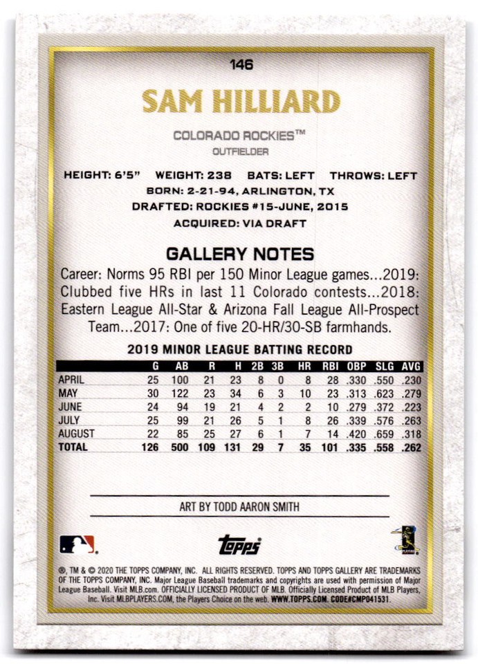 2020 Topps Gallery #146 Sam Hilliard RC | eBay