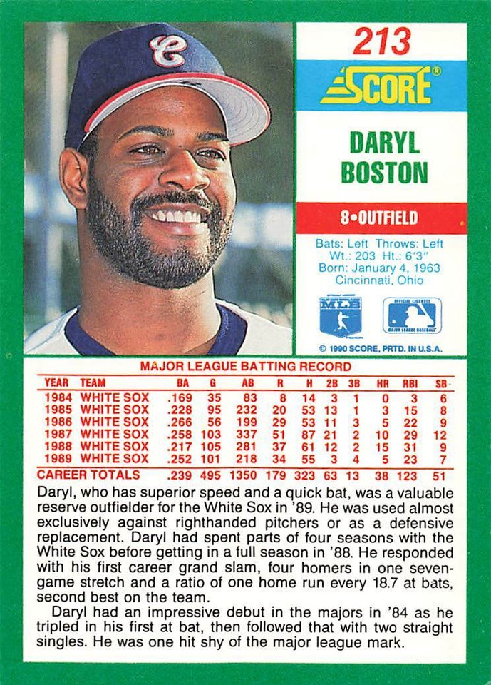 DARYL BOSTON 1990 Score #213 Chicago White Sox Baseball Card | eBay