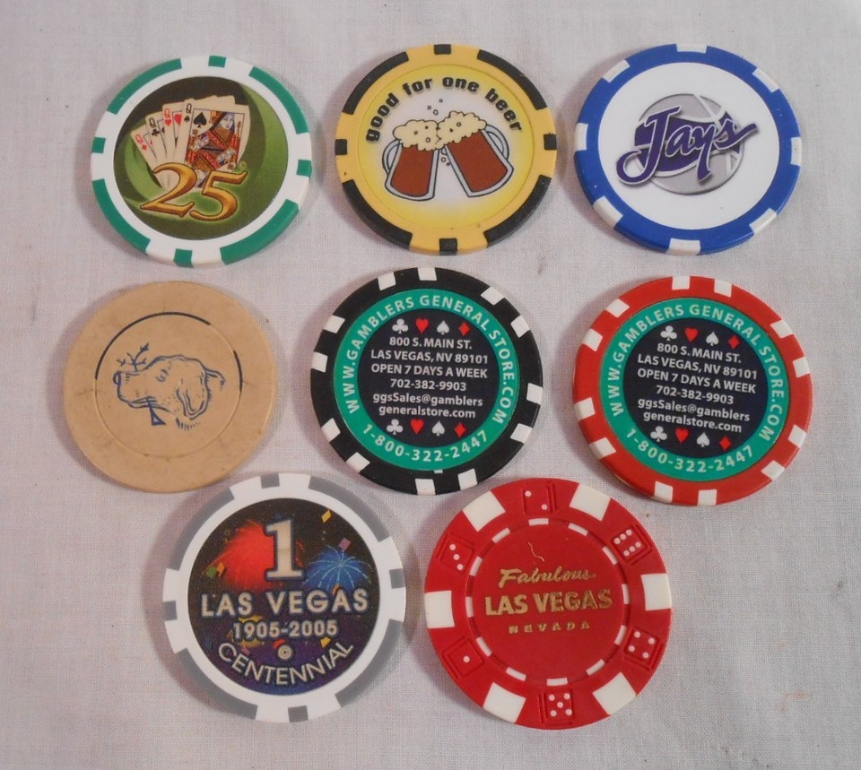 8 CLAY POKER CHIPS $5 LAS VEGAS Gamblers General Store Jays Centennial ...