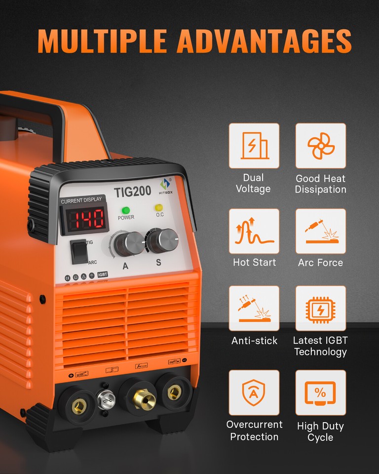 HITBOX 200A TIG Welder with Post Gas, HF TIG Stick ARC 2 IN 1 Welder ...