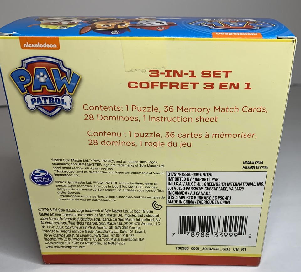 Games 3 in 1 PAW PATROL Puzzle Memory Match Dominos Educational ...