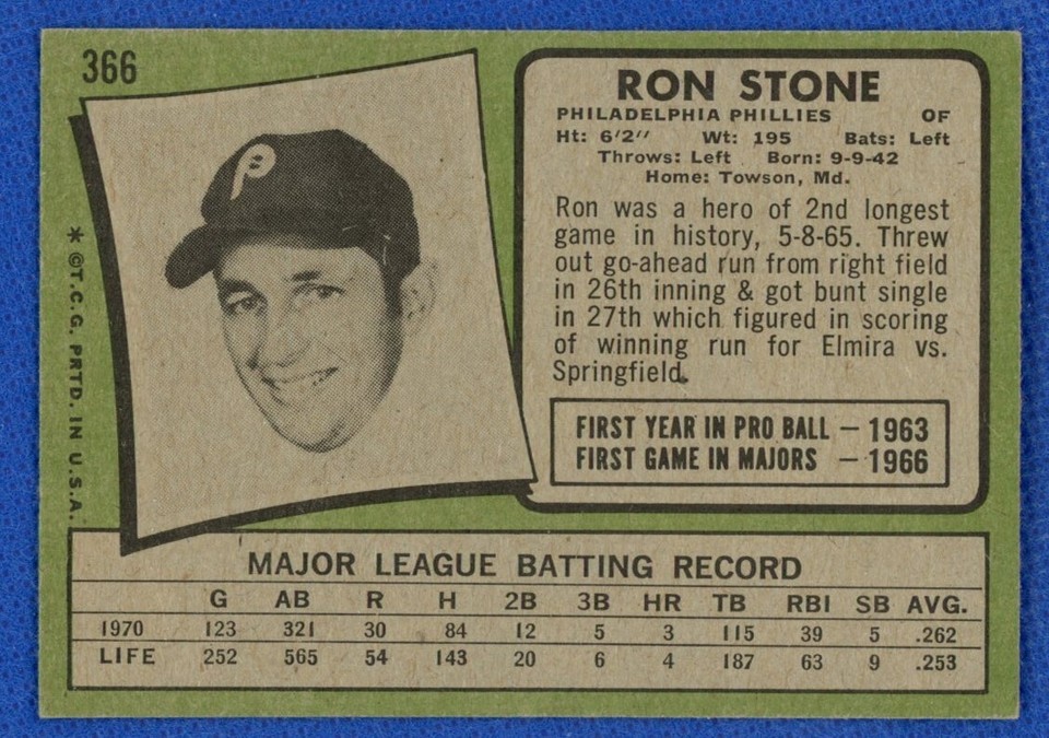 1971 Topps Baseball # 366 Ron Stone Philadelphia Phillies VG Combine ...