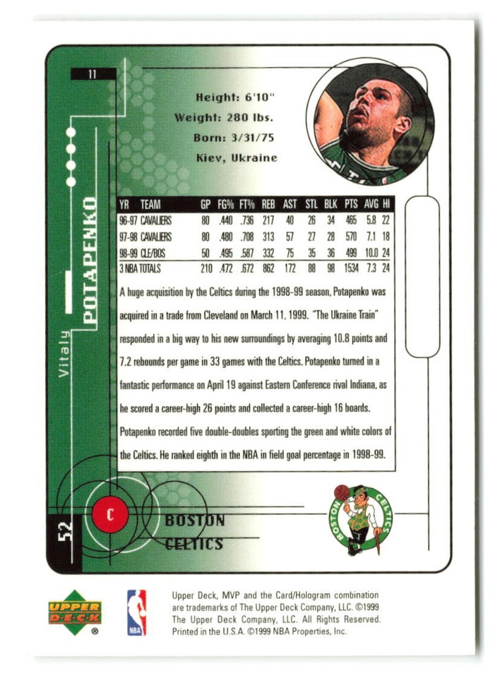 1999-00 Upper Deck MVP Vitaly Potapenko #11 Boston Celtics BASKETBALL ...