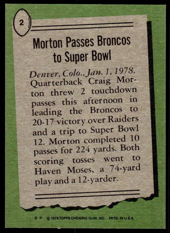 1978 TOPPS CRAIG MORTON K DENVER BRONCOS #2 | eBay