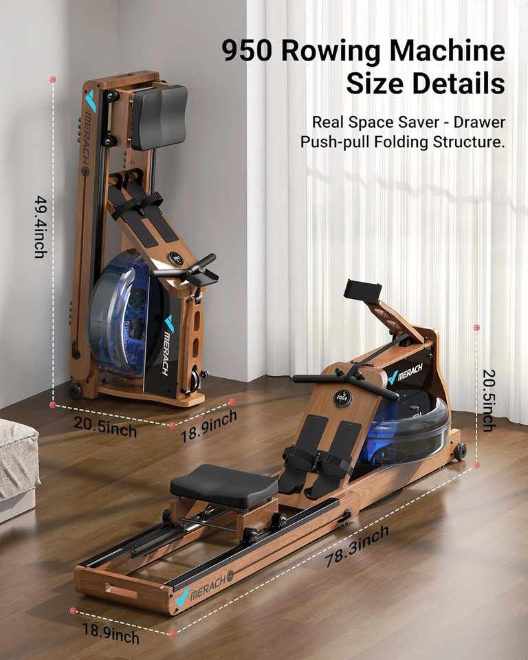 MERACH 950 Foldable Wooden Workout Rowing Machine Water Electromagnetic ...