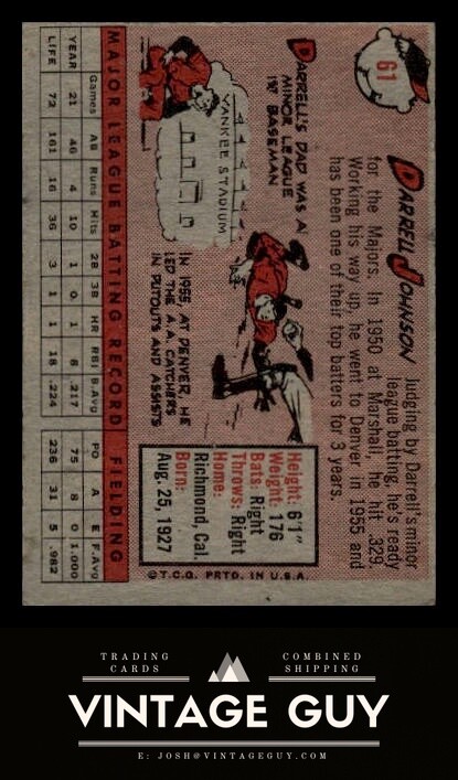 1958 Topps #61a 61 Darrell Johnson Name in white letters New York ...