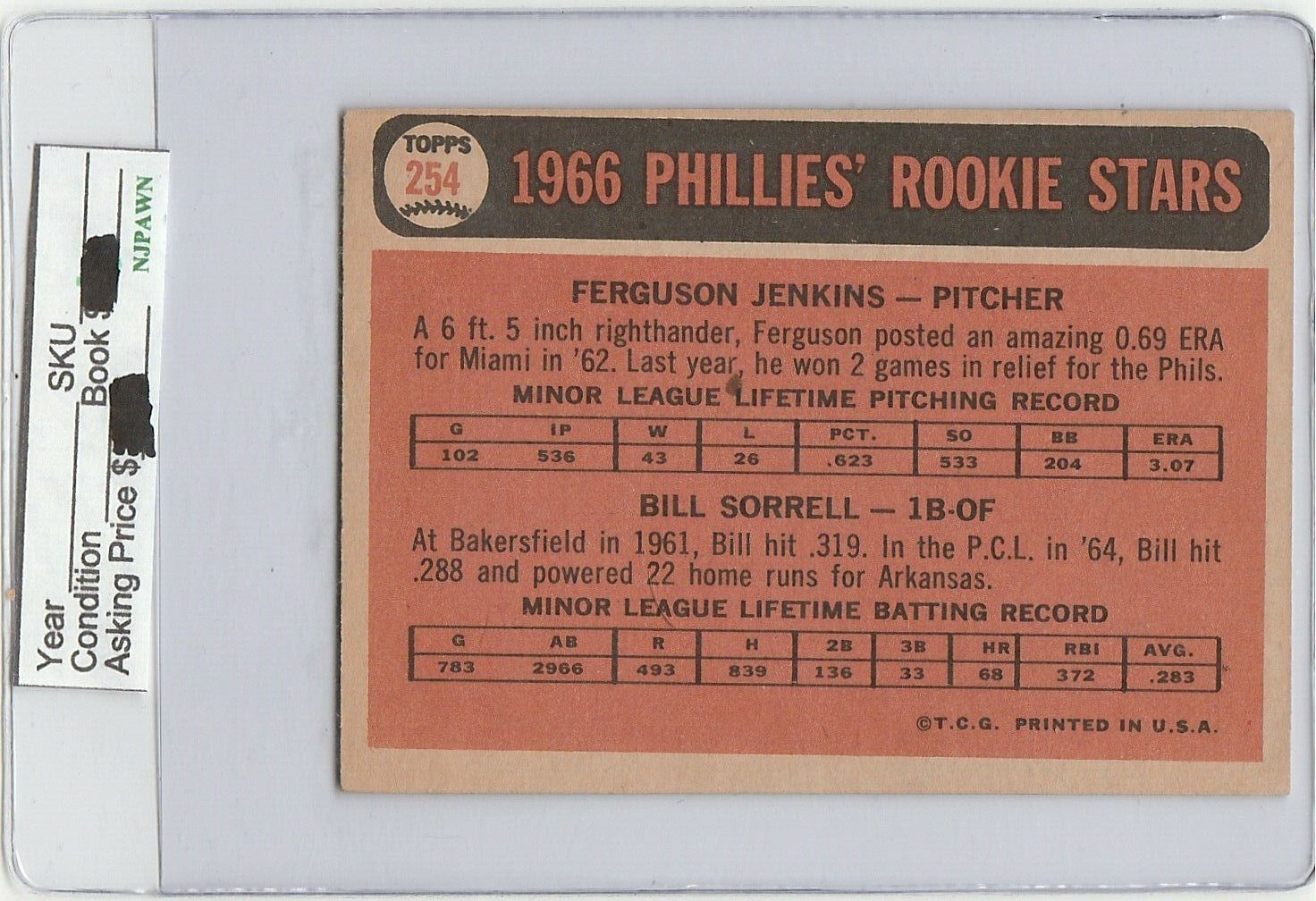 1966 TOPPS #254 HOF FERGUSON FERGIE JENKINS & BILL SORRELL PHILLIES ...