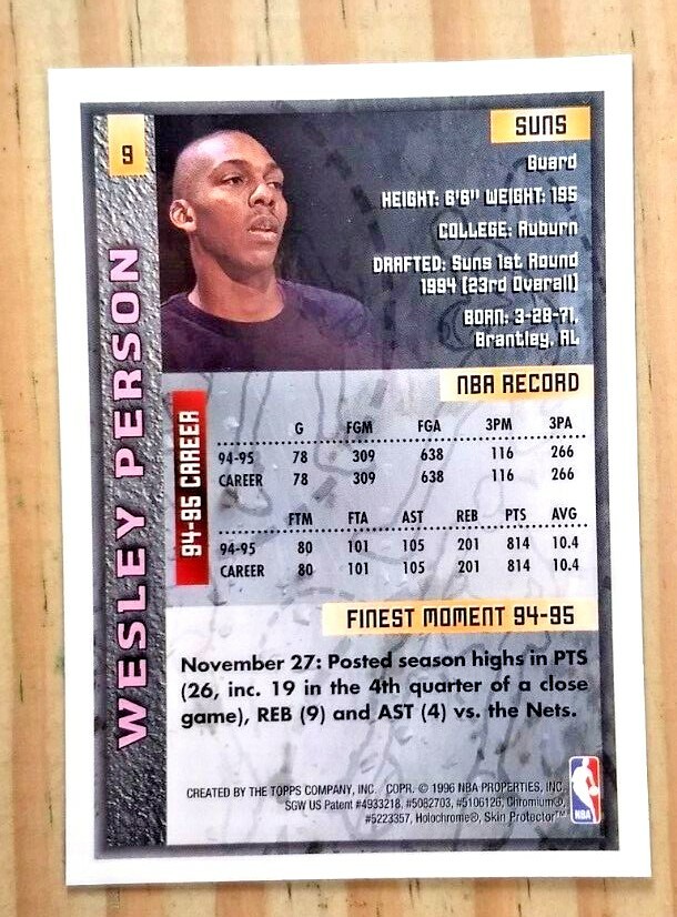 1995-96 TOPPS FINEST WESLEY PERSON W/PEEL CARD#9 NM-MT SUNS CAVALIERS ...