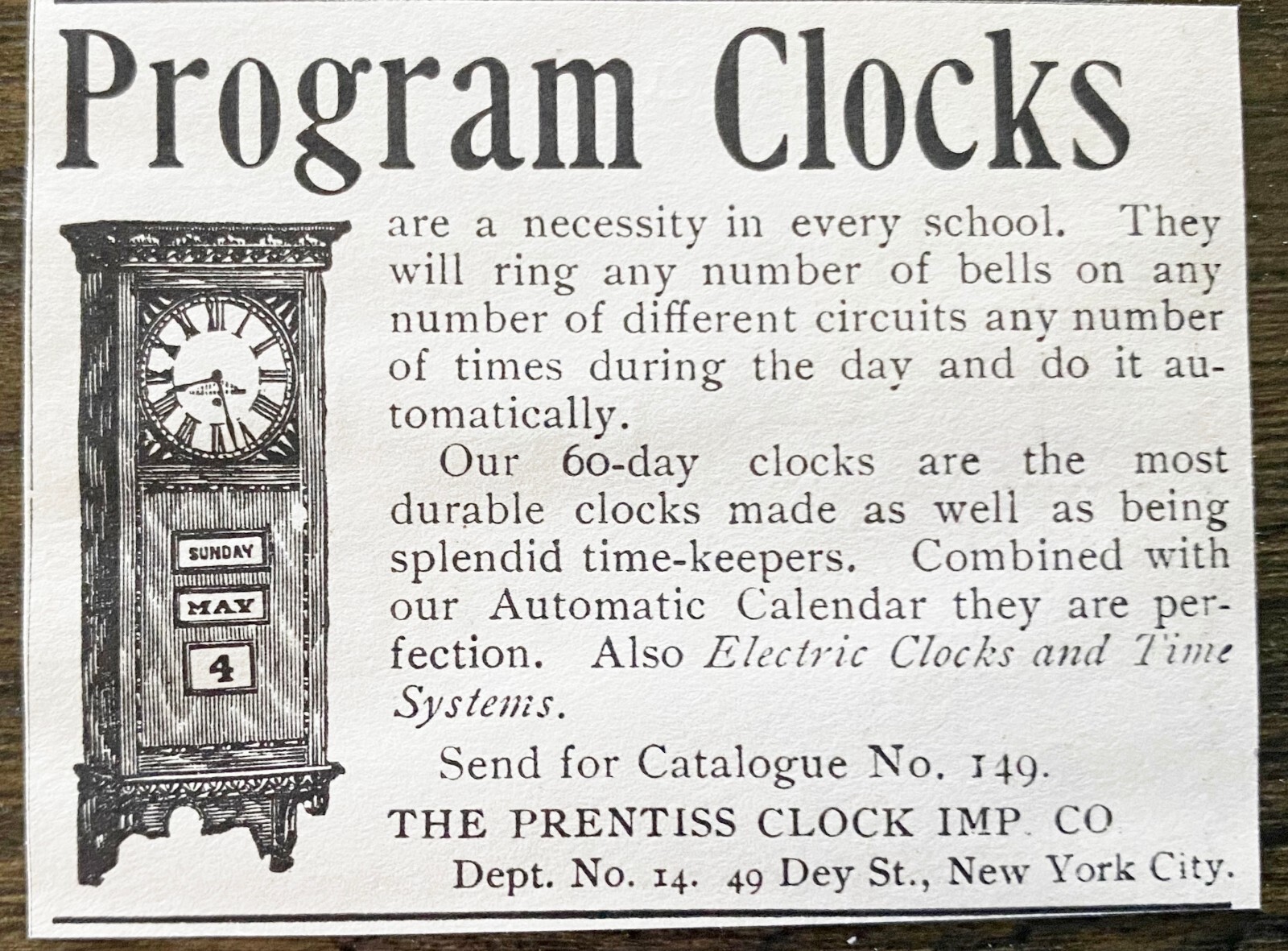 1899 PRENTISS PROGRAM CLOCKS Print Ad~Automatic School Bell Calendar Time Keeper | eBay