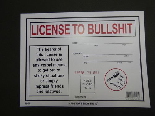License to Bullshit Great Gag Gift Funny Sign Bar Home Shop NEW 9"x12 ...