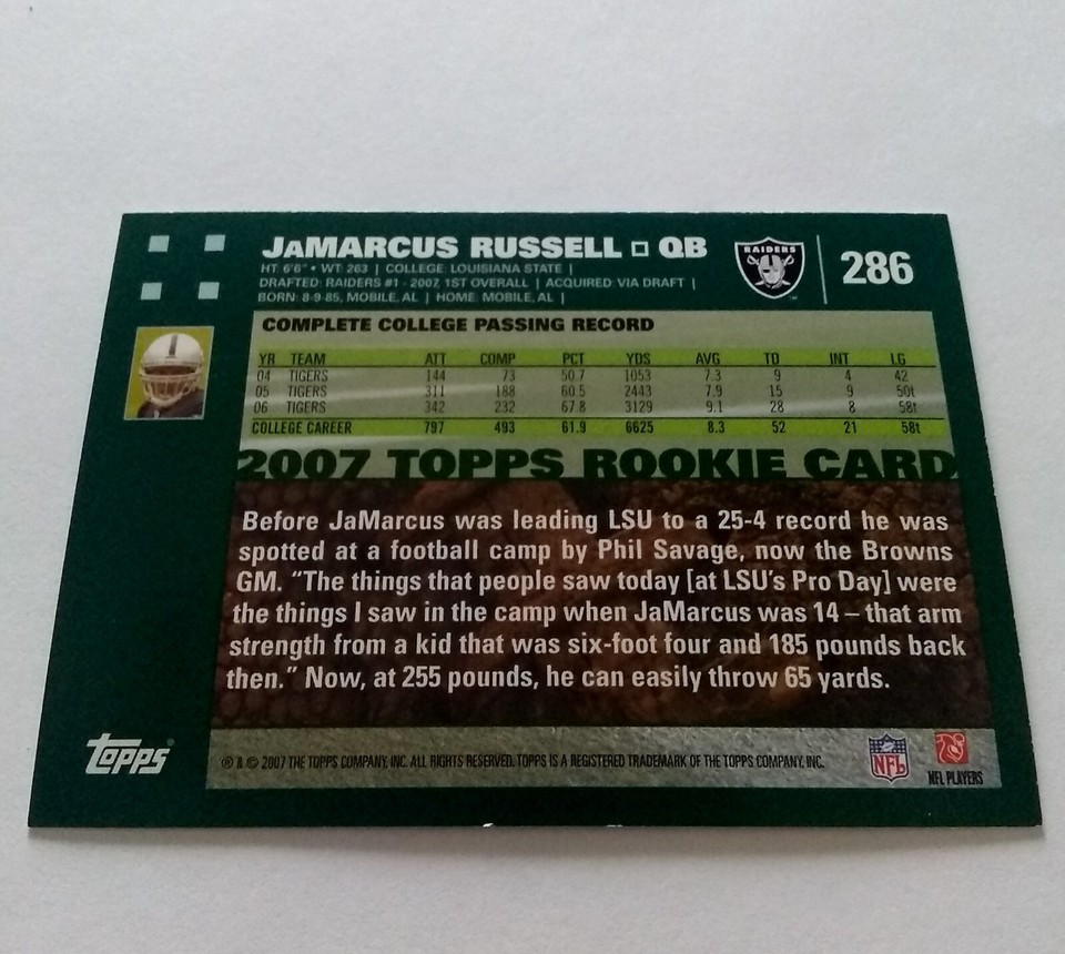 2007 Topps Football JaMarcus Russell Rookie Card #286 Set Break NM | eBay