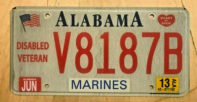 ALABAMA DISABLED VETERAN LICENSE PLATE " V 8187 B " AL USMC MARINES ...