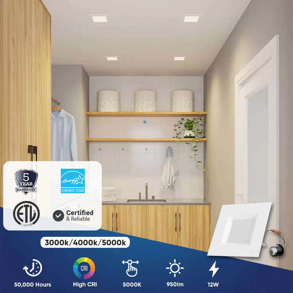 LED 6 Inch Recessed Downlight Light 12W Square, Baffle Trim, ETL 5000K ...