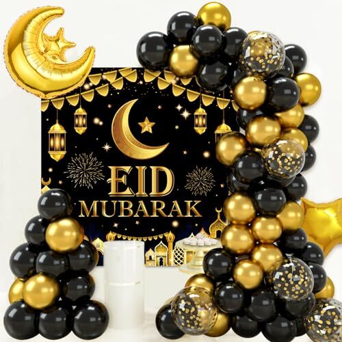Eid Mubarak Decorations - 70PCS Black Gold Ramadan Confetti Balloons ...