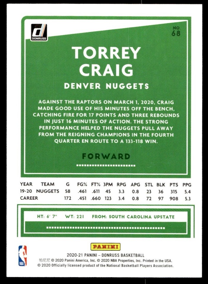 2020-21 Donruss Press Proof Torrey Craig /349 Denver Nuggets #68 | eBay