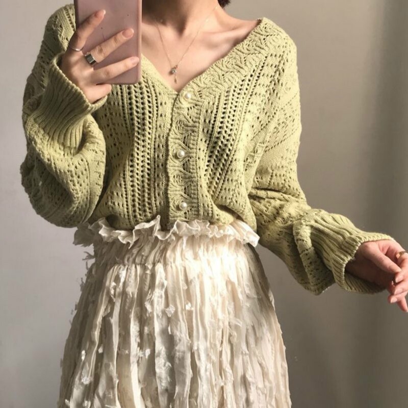 Lady Sweater Knitted Coat Jacket Cardigan V Neck Loose Tops Knitwear ...