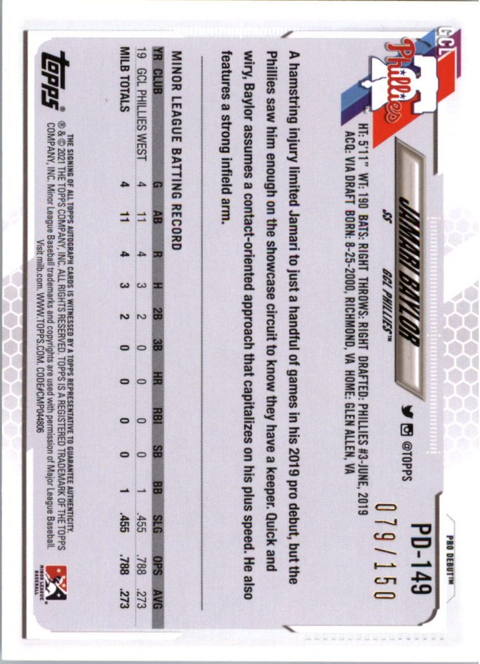 2021 Topps Pro Debut Autographs Blue #PD149 Jamari Baylor Auto /150 ...