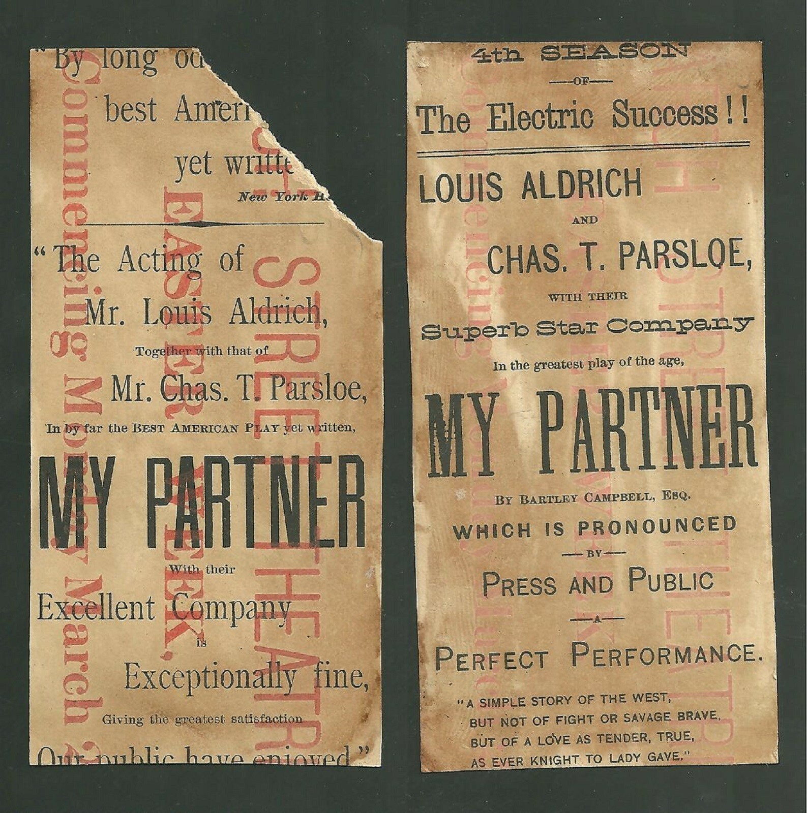 1881 Advertisment of Play Trade Card My Partner Louis Aldrich & Chas T ...