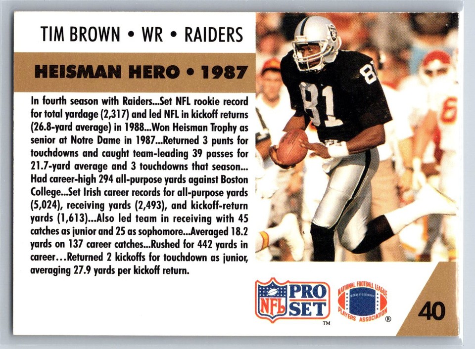 1991 Pro Set #40 Tim Brown Los Angeles Raiders Heisman Hero | eBay