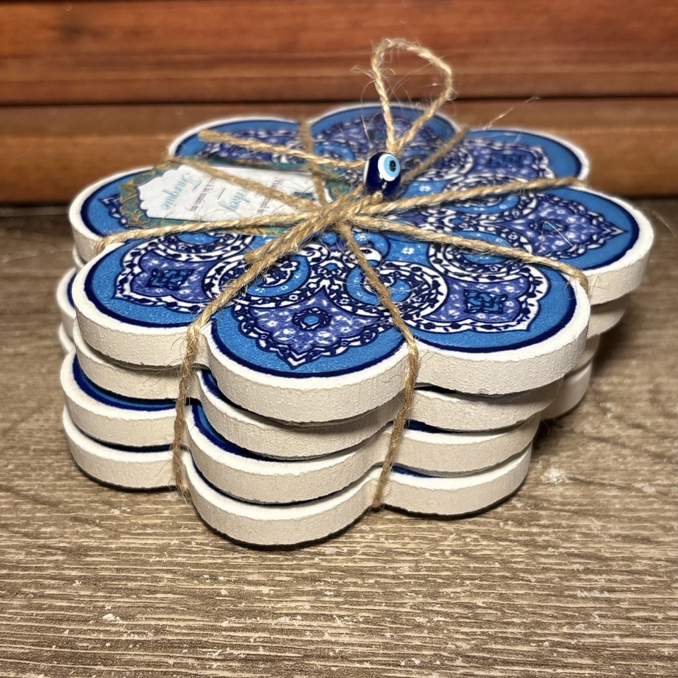 Set 4 Turkish Ceramic Pottery Floral Handcrafted Scallop Tile Coasters ...