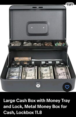 Quality Locking Large Metal Cash Box with Money Coin Tray, Lock Box ...