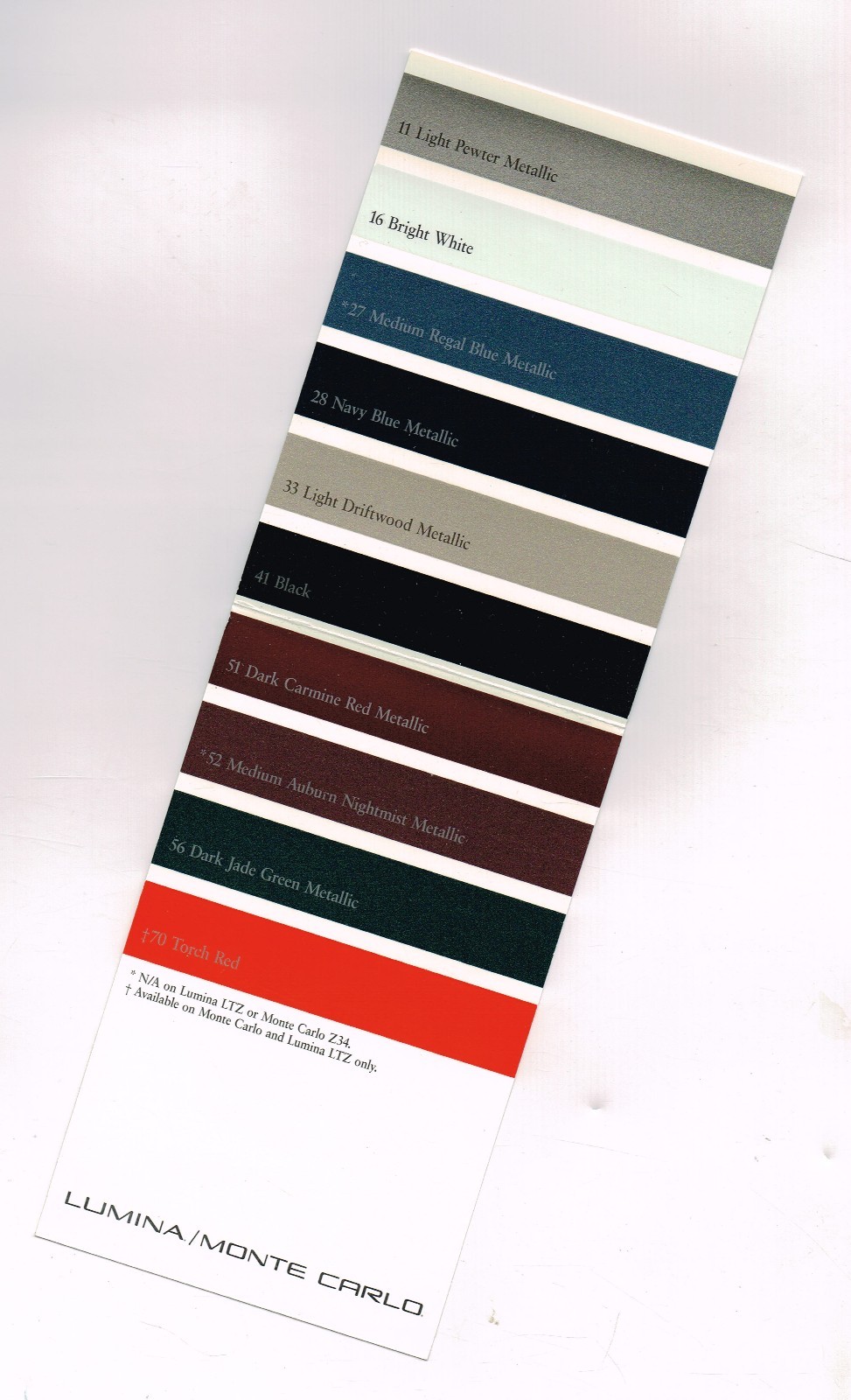 1999 Chevrolet MONTE CARLO / LUMINA Paint Color Chip Chart Sample ...