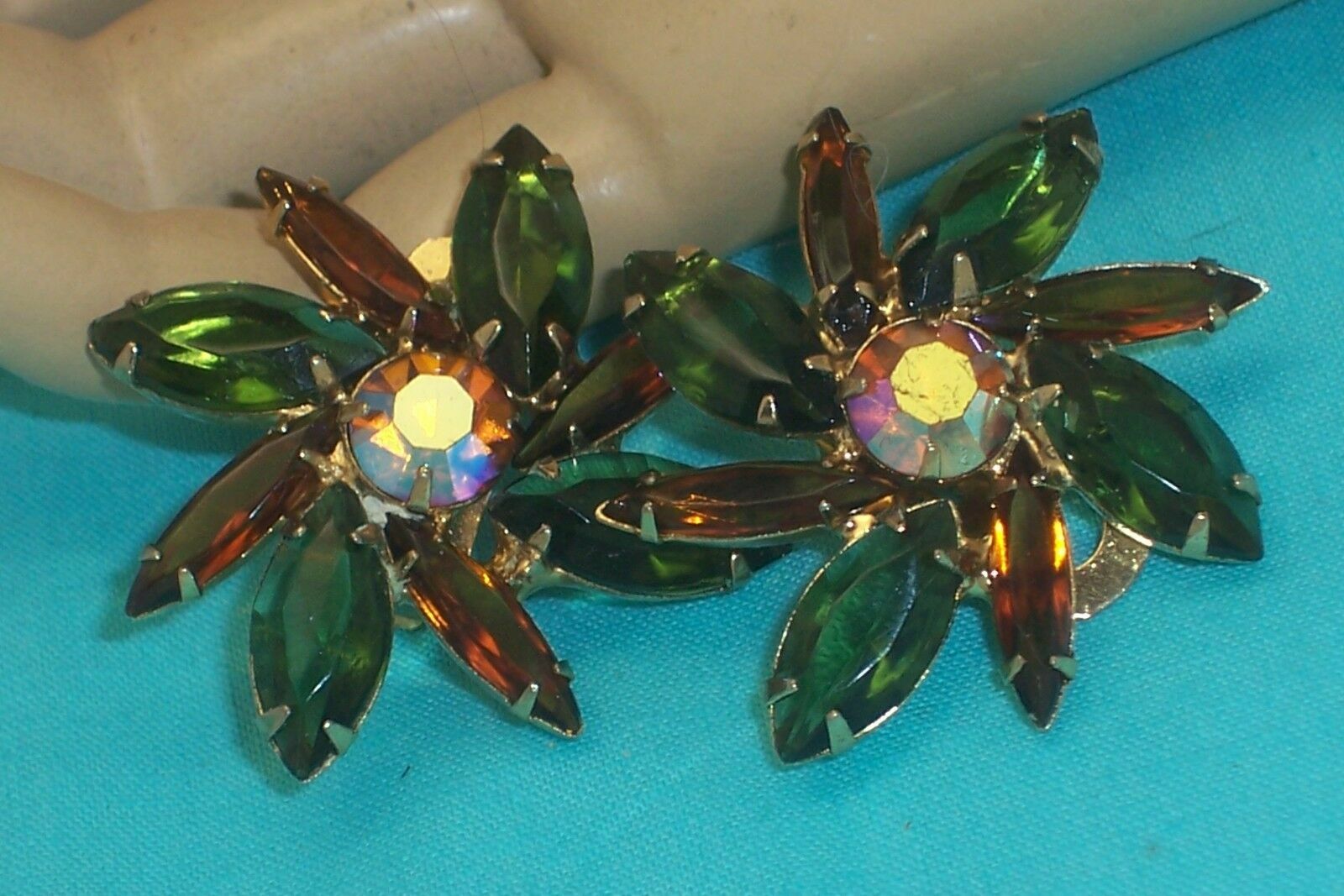 Vintage BIG Green & Amber Navette Rhinestone Open Bac… - Gem