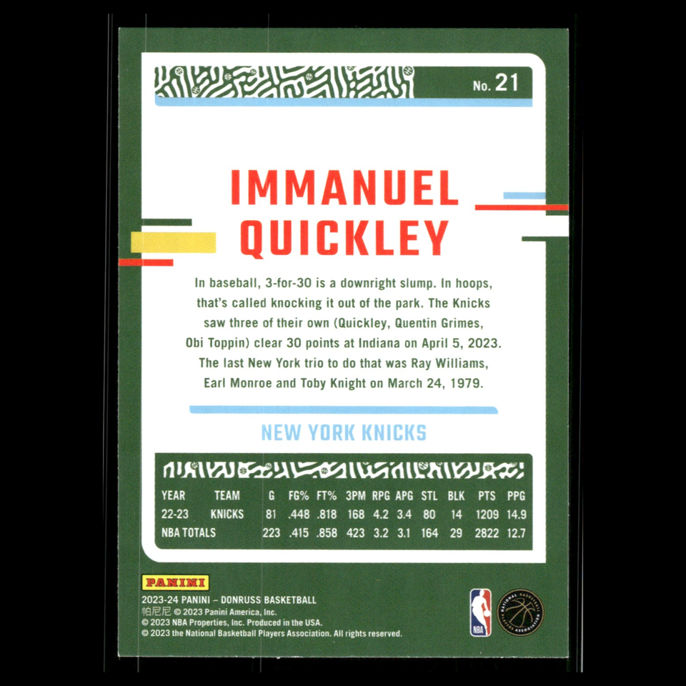 Immanuel Quickley #21 2023 Donruss New York Knicks Basketball Card NBA ...