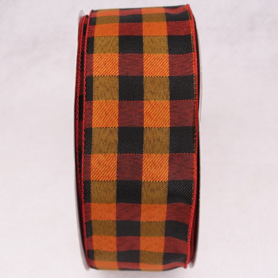 Fall Plaid Woven Buff Chex Print 2 1/2" Wired Orange 5 Yards ...