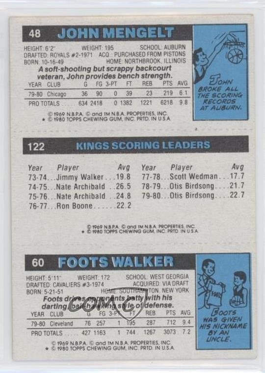 1980-81 Topps Foots Walker Otis Birdsong John Mengelt #48-122-60 | eBay