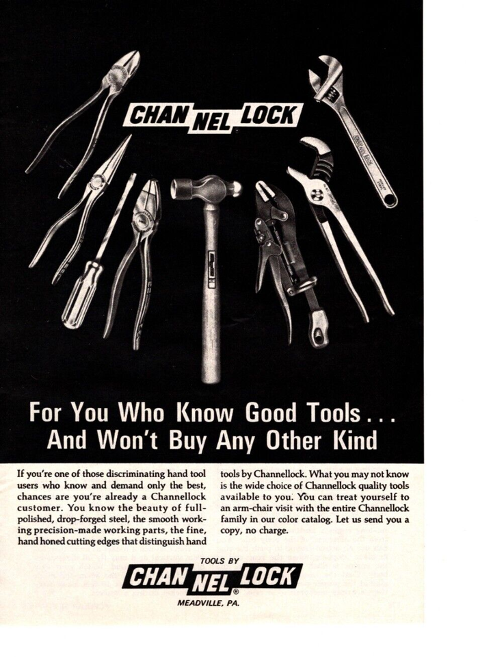 1967 CHANNELLOCK TOOLS PRINT AD, VINTAGE HAND TOOL HARDWARE ADVERT VERY ...
