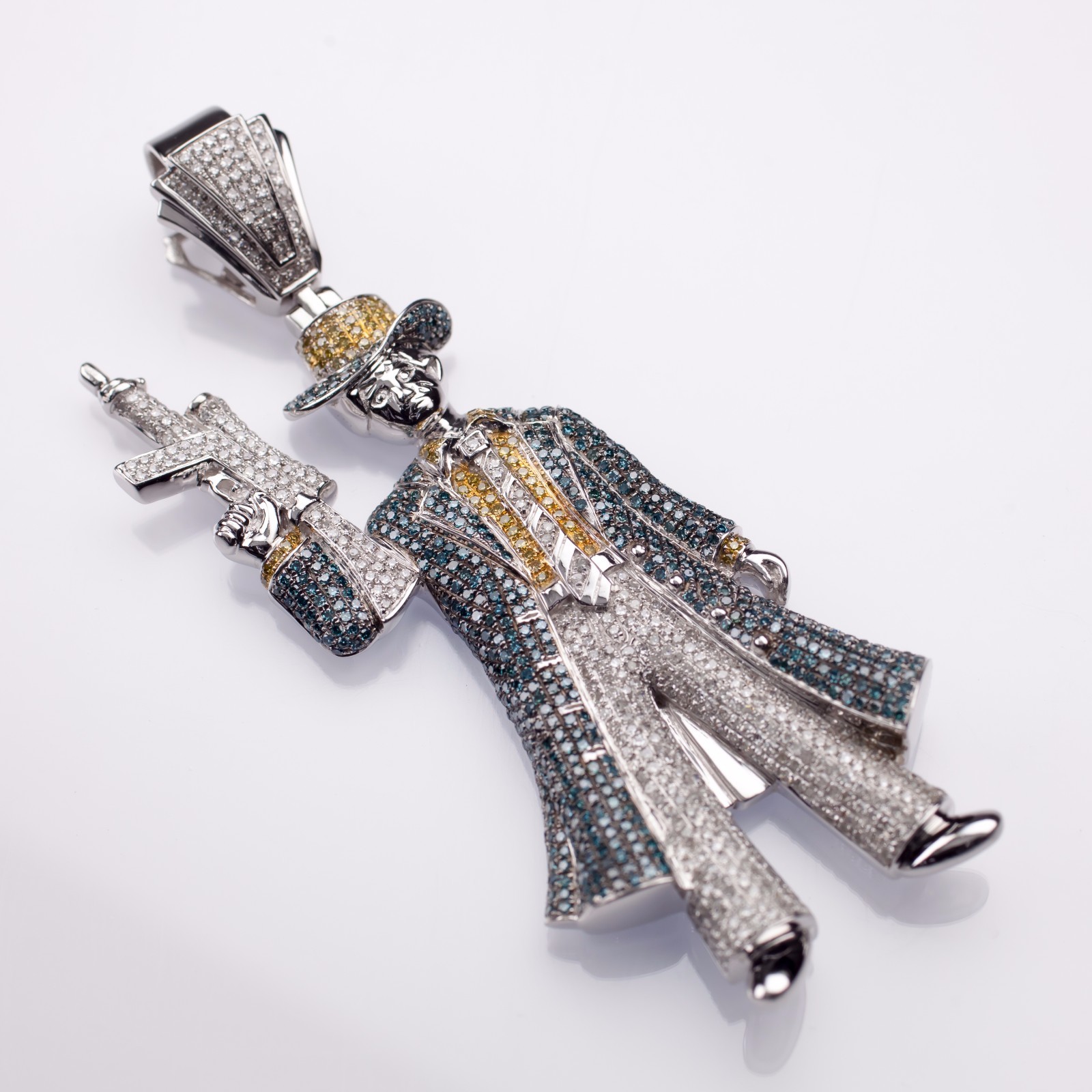 10k White Gold Color-Enhanced Diamond Encrusted Gangster Pendant Bling ...