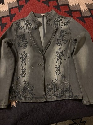 REBA Soft Denim Western Blazer Jacket Embroidery Studs Womens Size L ...