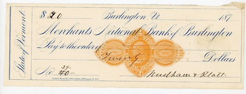 1870s Burlington VT Check Merchants National Bank Signed Mulhaur ...