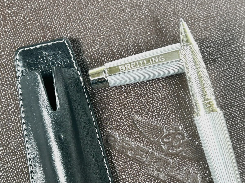 BREITLING Novelty Silver stripe metal Cap type Ballpoint Pen wz/Leather ...
