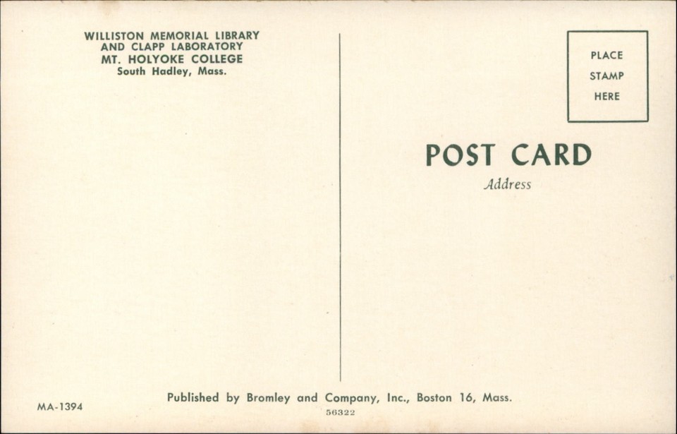 Williston Memorial Library Mt Holyoke College South Hadley MA postcard ...