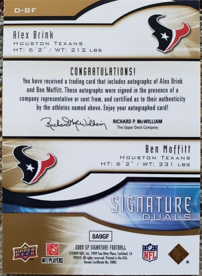 Alex BRINK Ben MOFFITT 2009 SP Signature Duals Rookie AUTO Autograph ...