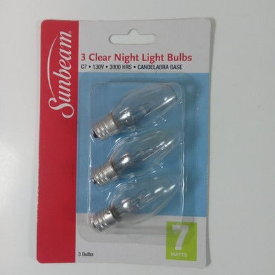 Sunbeam 3 Clear Night Light Bulbs C7 7W 130V 3000 HRS Candelabra Base ...