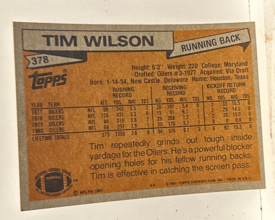 1981 Topps #378 Tim Wilson Houston Oilers Running Back Maryland | eBay