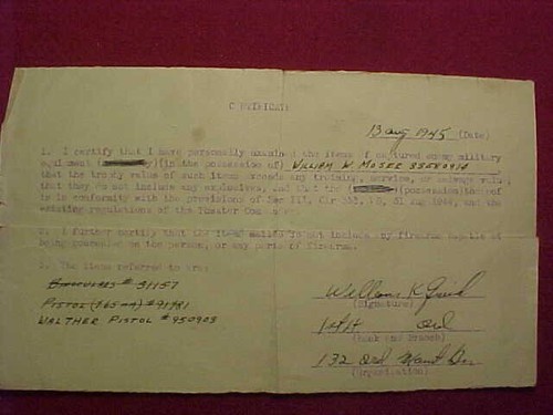 ORIGINAL WWII CAPTURE PAPER TO A US VETERAN ~ 1 WALTHER PISTOL #950903 ...