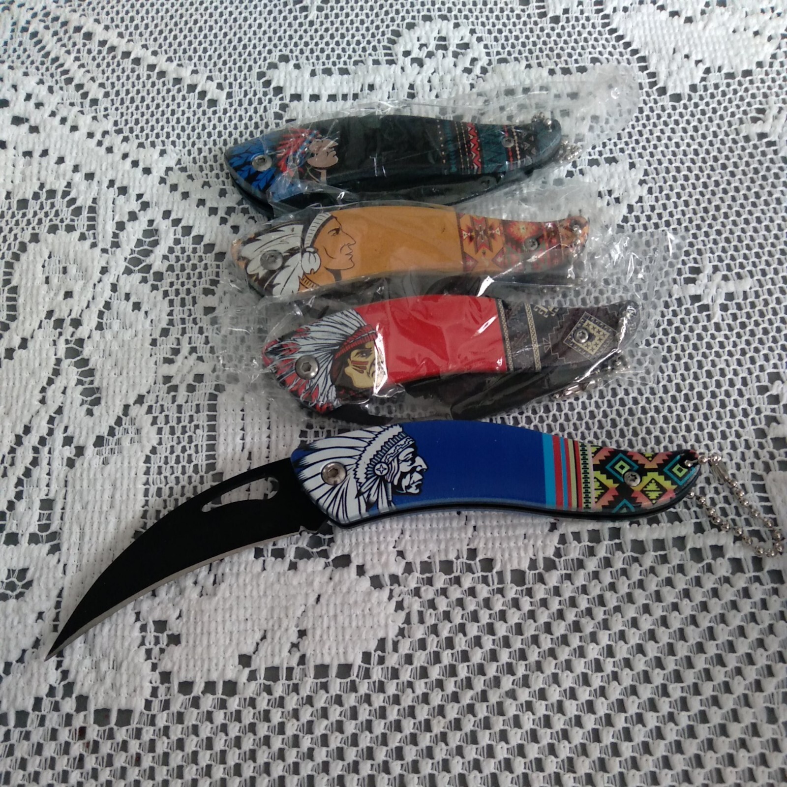 Knives Native American Chiefs handmade folding pocket colors green red ...