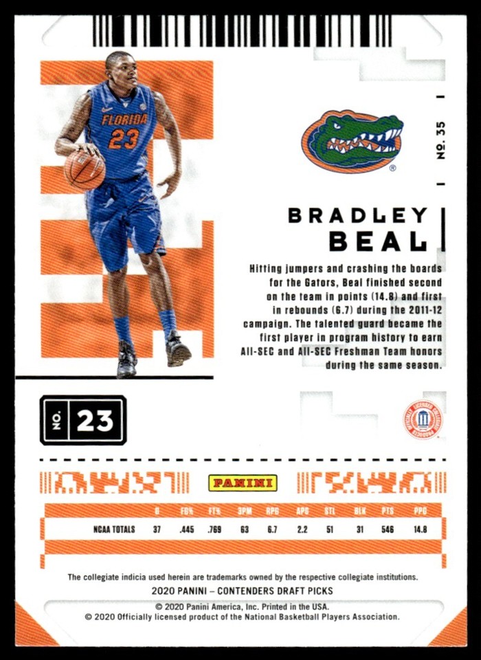 2020-21 Panini Contenders Draft Picks Bradley Beal Florida Gators #35 ...