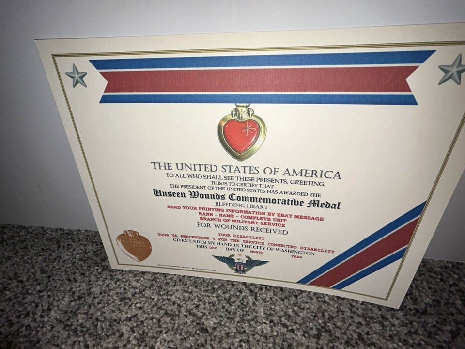 UNSEEN WOUNDS MEDAL - BLEEDING HEART COMMEMORATIVE CERTIFICATE~W ...