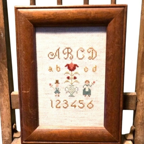 Vintage Cross-Stitch ABC Numbers Sampler Wood Frame Nursery Playroom ...