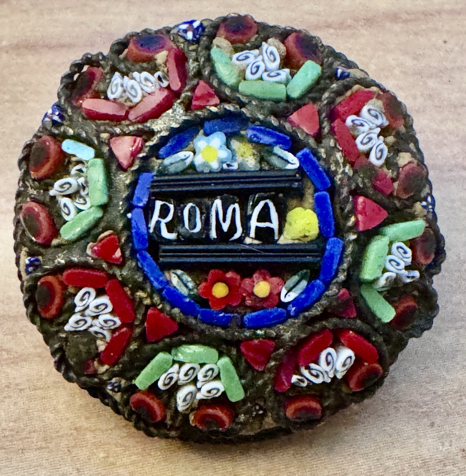 Antique~Vintage Italian ROMA Rome~Mosaic Pin~BRASS So… - Gem