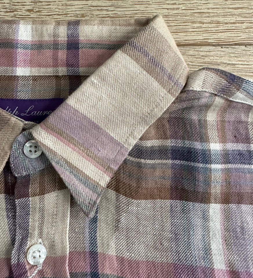Ralph Lauren Purple Label Twill 100% Linen Plaid Shirt L Tan Beige Mix ...