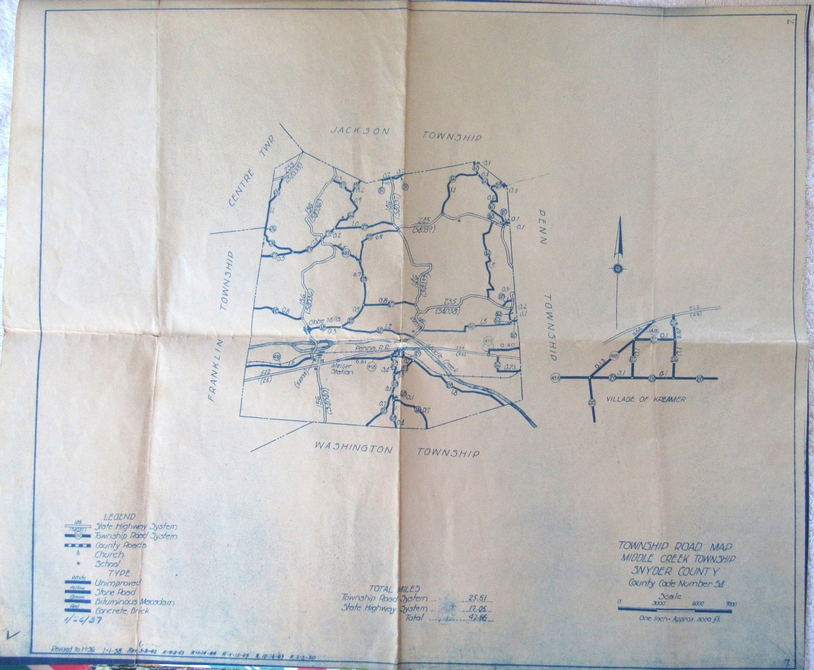 1950 PRR Map Middle Creek Township Kreamer PA Railroad Road Highway Map ...