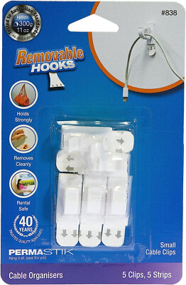 PERMASTIK Removable Wall Hooks 5 Small Cable Organiser Clip hooks ...