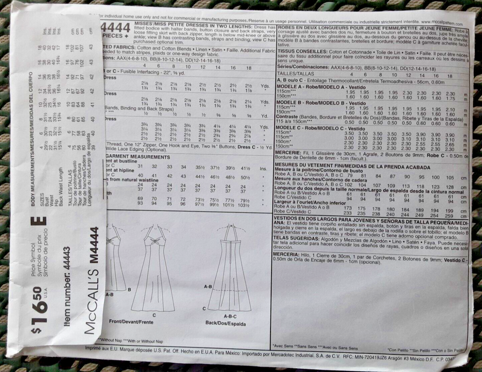 McCall's Pattern M4444 Misses' Dress in 2 Lengths Sewing Craft Project ...