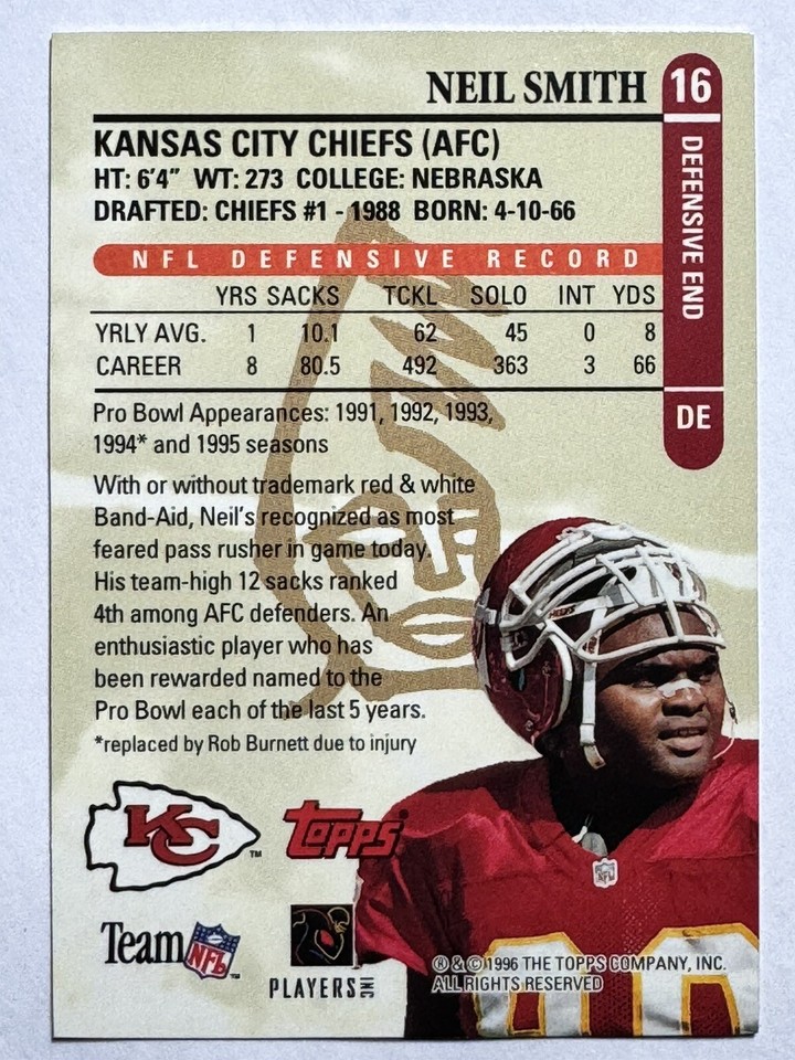 NEIL SMITH Kansas City Chiefs 1996 Topps Gilt Edge GOLD Football Card ...
